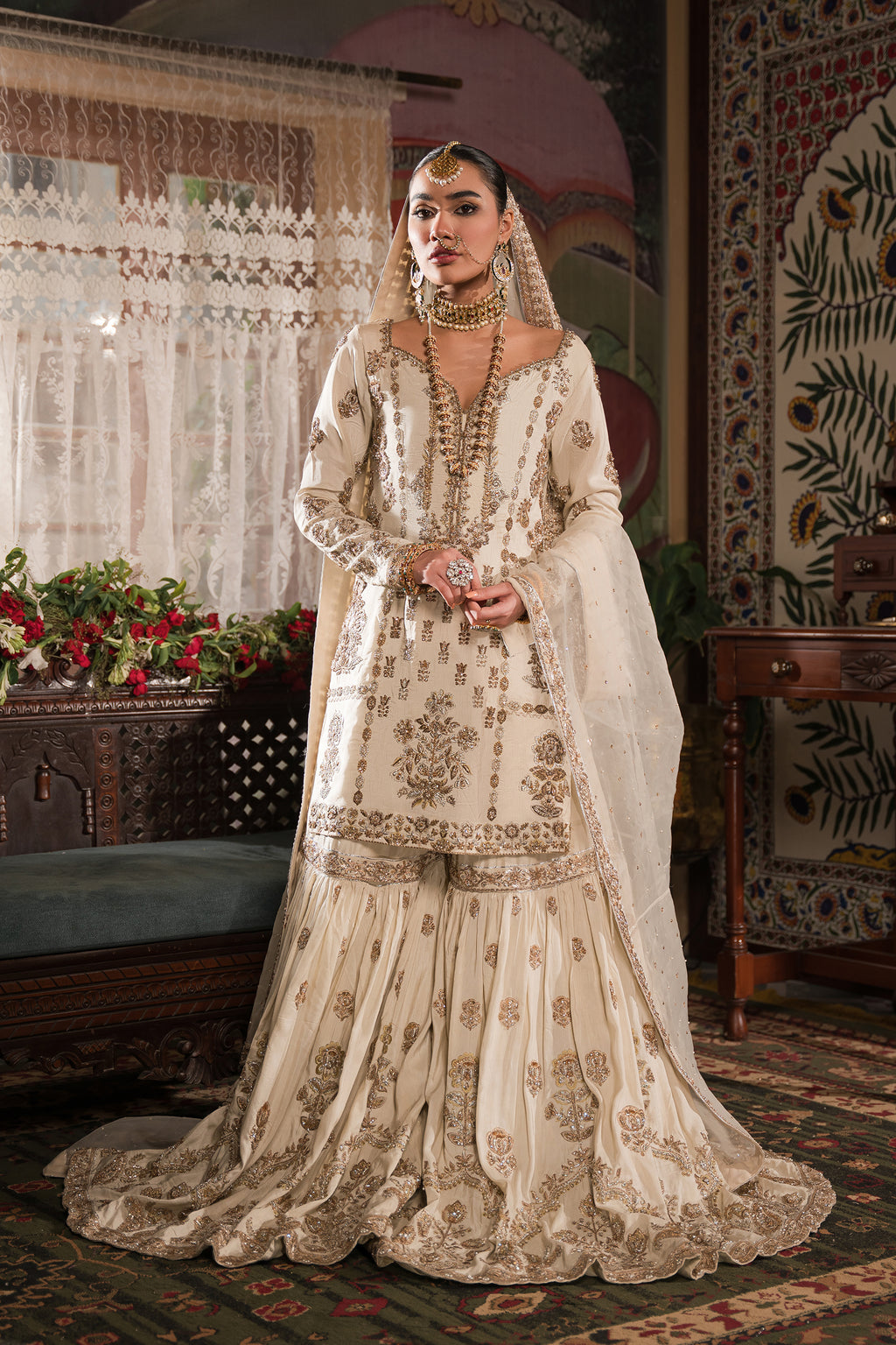 Ivory and Gold Gharara Set - With Light Dupatta (BR-04A) – Ammara Khan